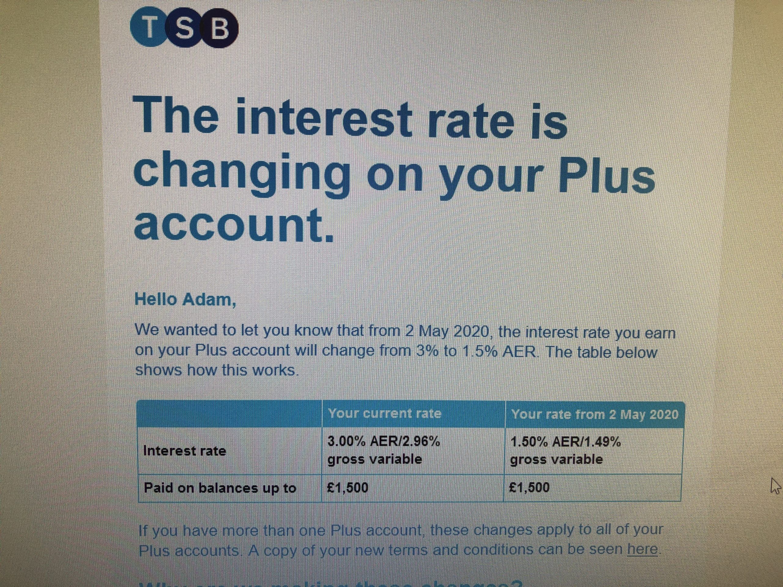Goodbye TSB Plus bank account (interest rate halved) - Adam's Blog